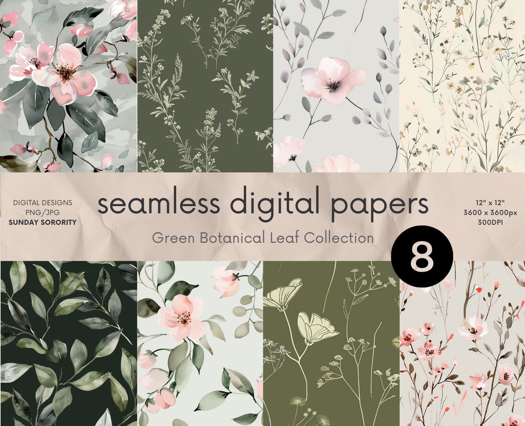 Green Botanical Watercolor Digital Paper Set, Seamless Floral Patterns ...