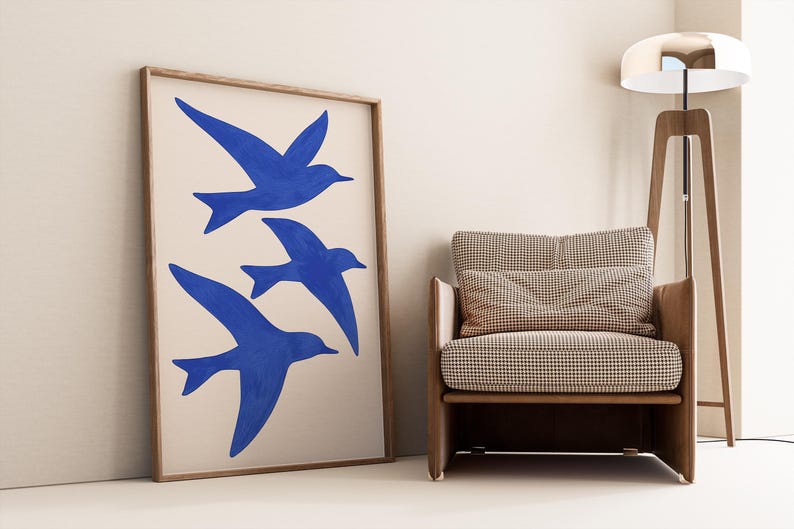 Electric Blue Bird Art Print: Minimalist Scandinavian Wall Decor ...