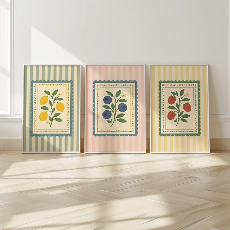 Cottagecore Kitchen Wall Art Prints, Lemons Blueberries Raspberries Set ...