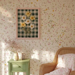 Cottagecore Floral Art Print, Gingham Embroidery Daisy Wall Decor ...