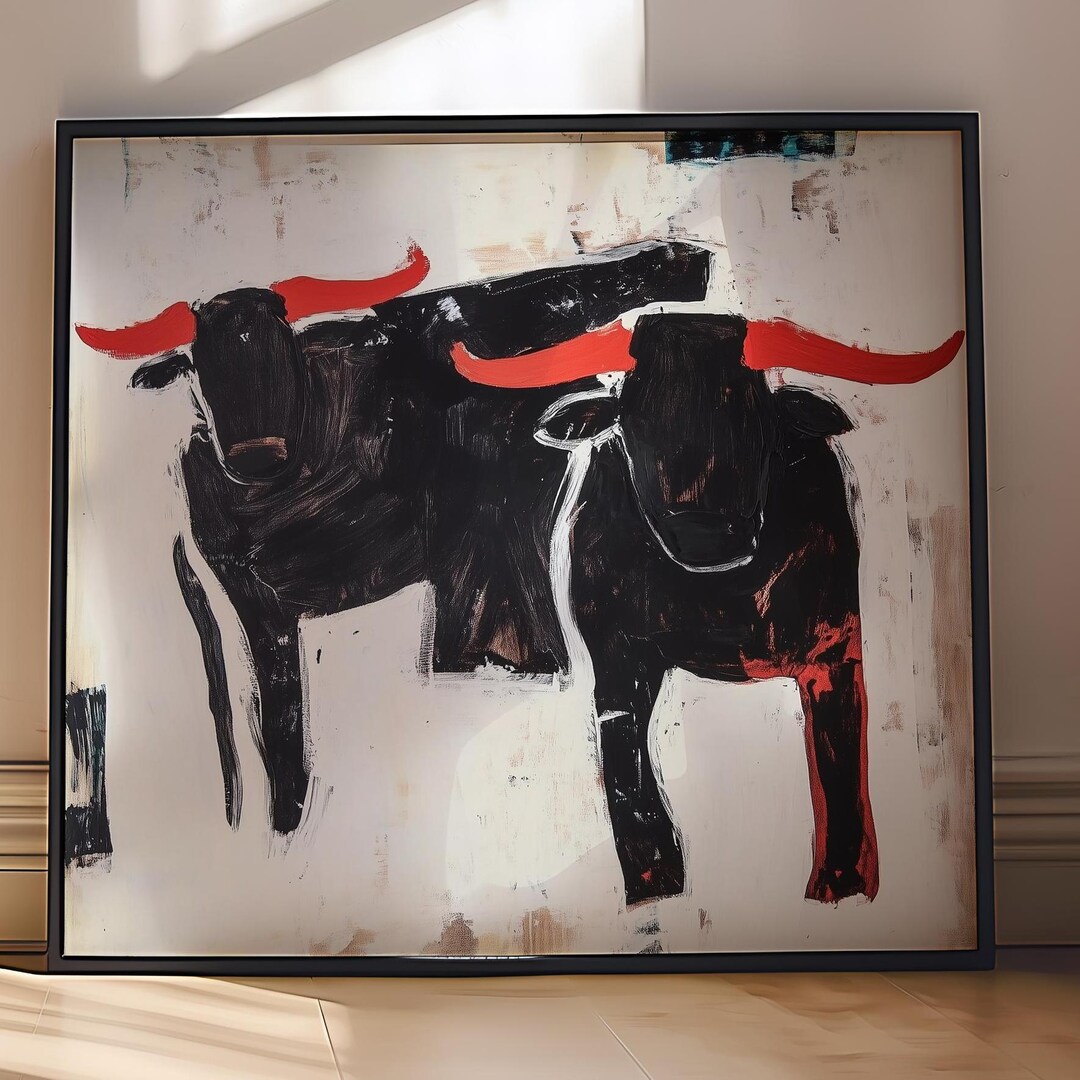 Abstract Bull Art Print, Modern Animal Wall Art, Red and Black ...