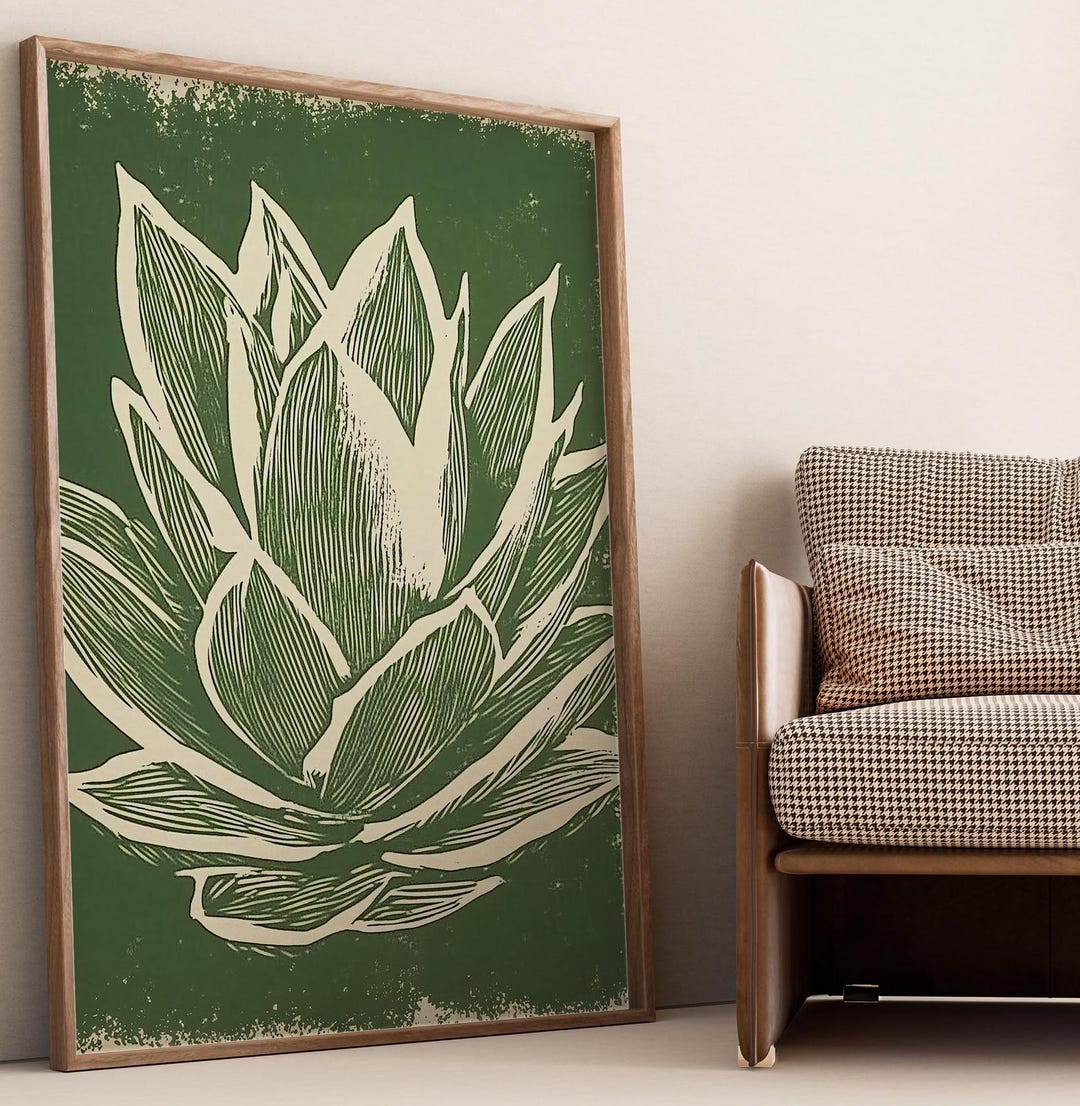 Agave Plant Linocut Print: Green & Cream Botanical Art (digital ...
