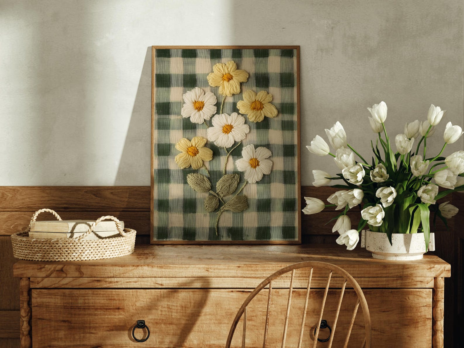 Cottagecore Floral Art Print, Gingham Embroidery Daisy Wall Decor ...