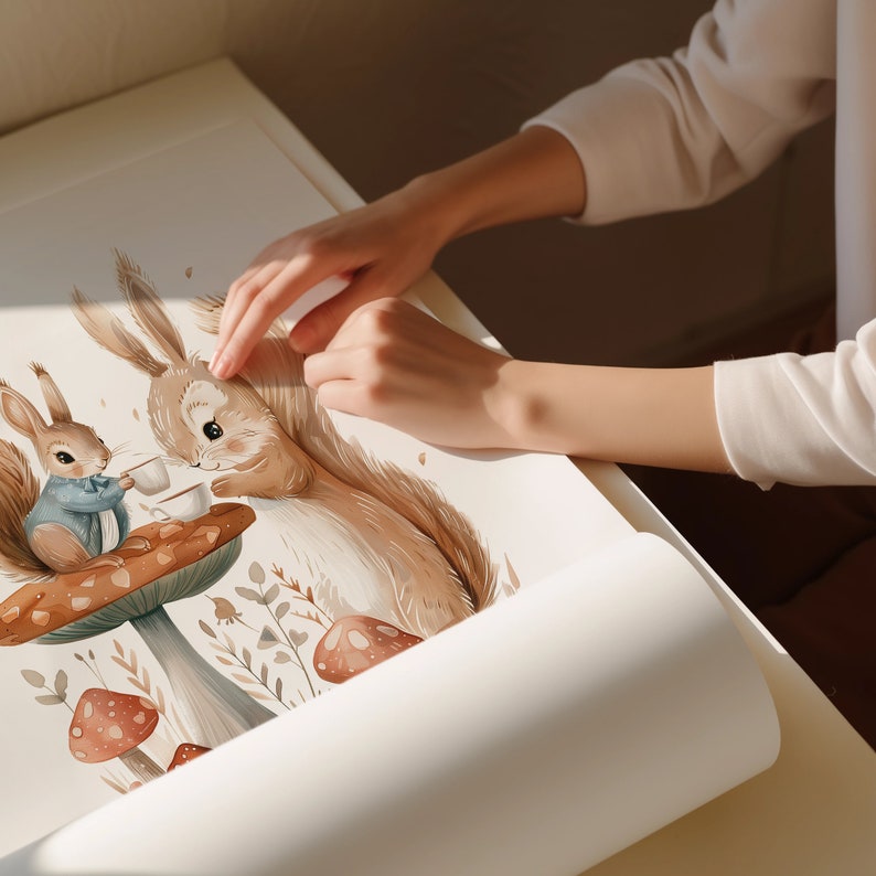 Whimsical Woodland Tea Party Art Print Cute Squirrel and Bunny ...