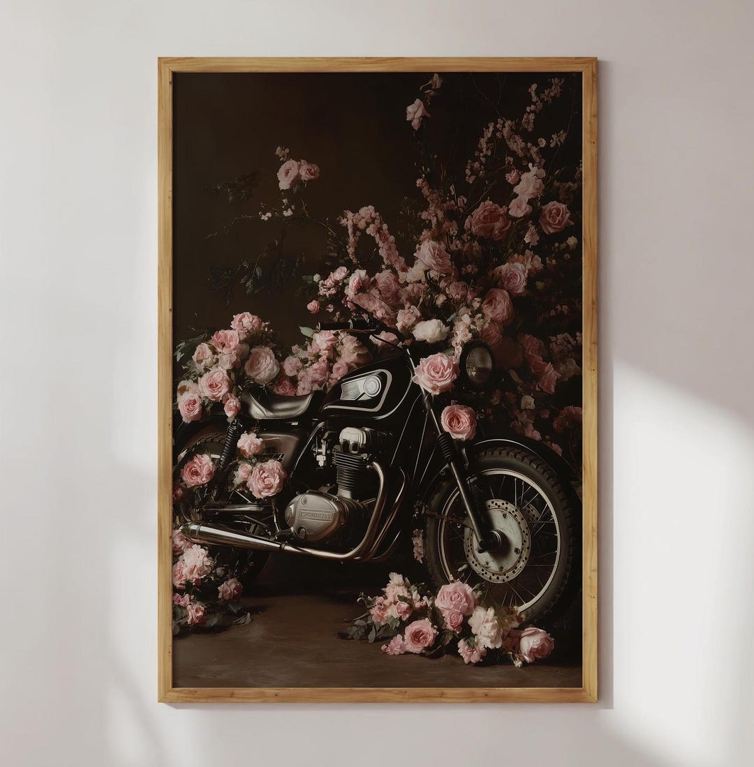 Floral Moto Boho Digital Art Print - Vintage Motorcycle With Romantic ...