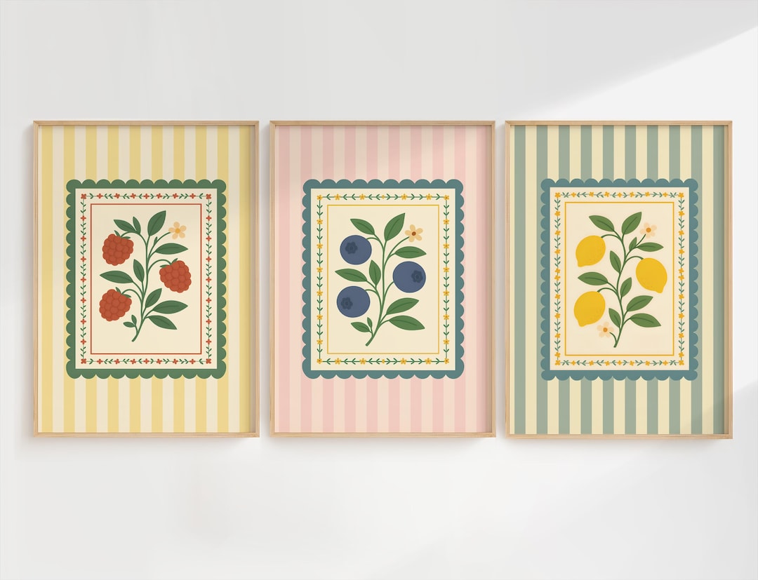 Cottagecore Kitchen Wall Art Prints, Lemons Blueberries Raspberries Set ...