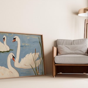 Swan Wall Art Print, Mid Century Modern Coastal Bird Illustration ...