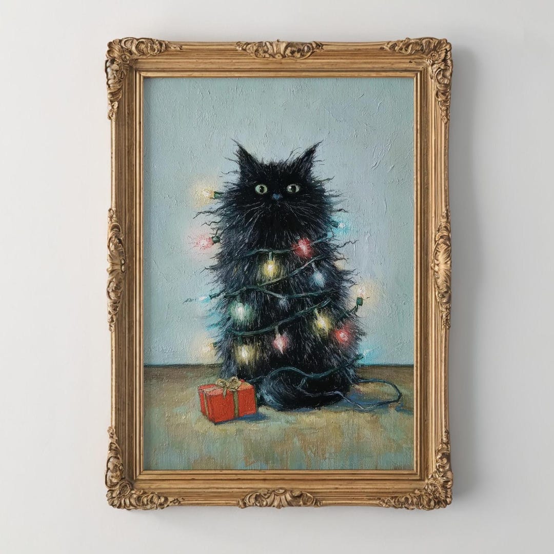 Black Cat Christmas Lights Print – Funny Holiday Cat Wall Art – Festive ...