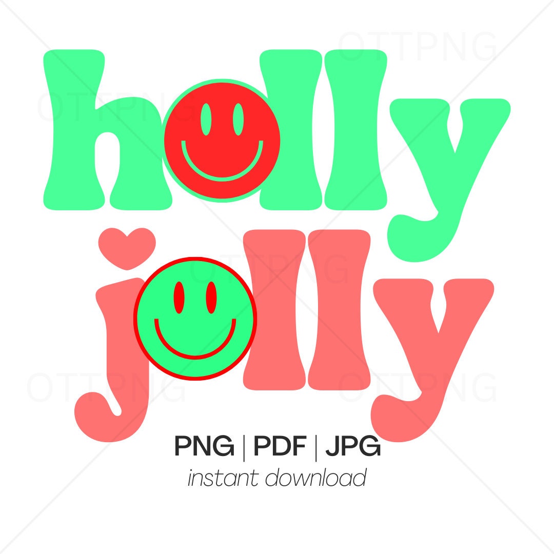 Holly Jolly Retro Smiley Face Smile 70s Christmas Lights PNG PDF JPG ...