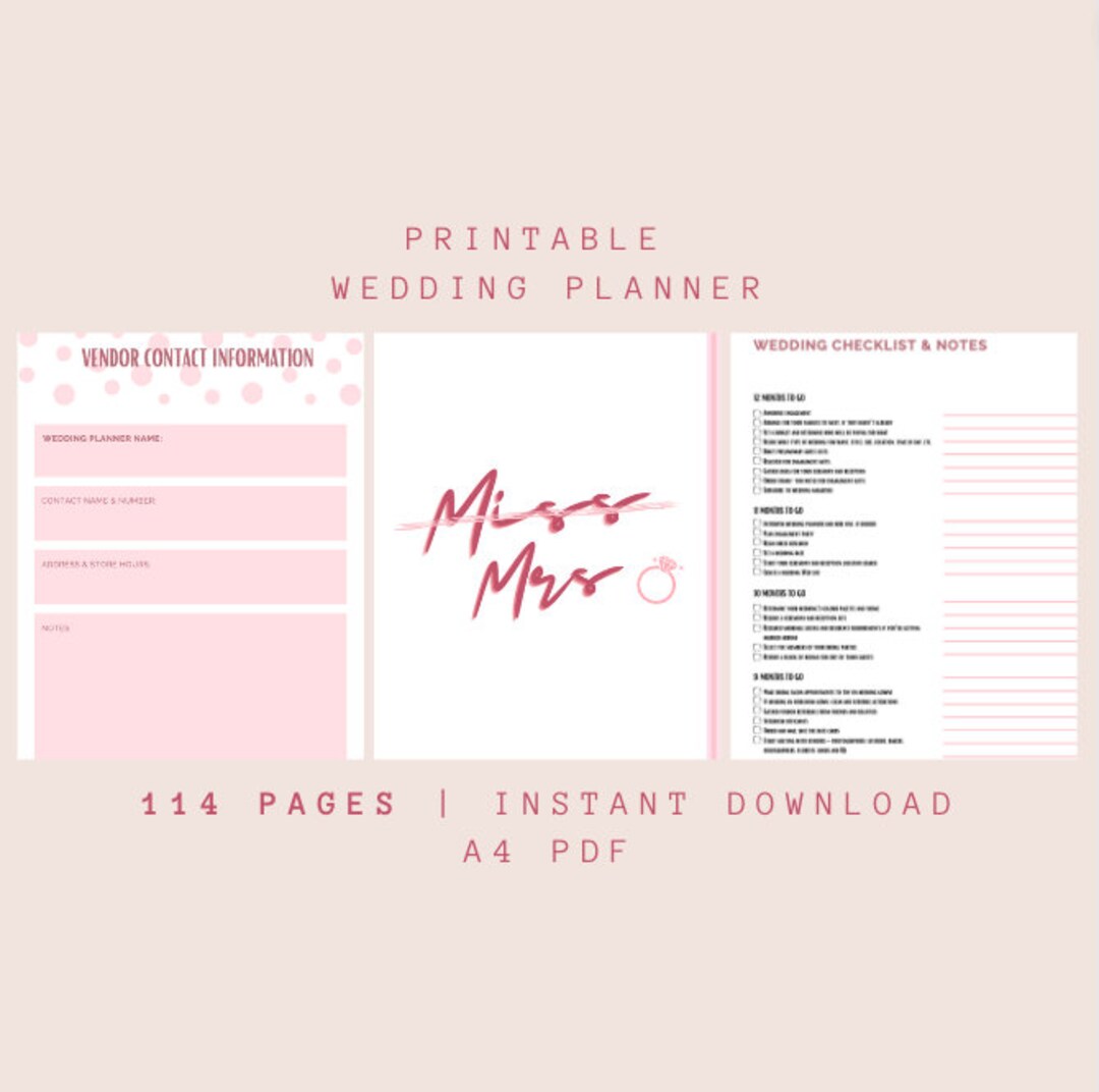 Printable Wedding Planner PINK | PDF A4 - Etsy