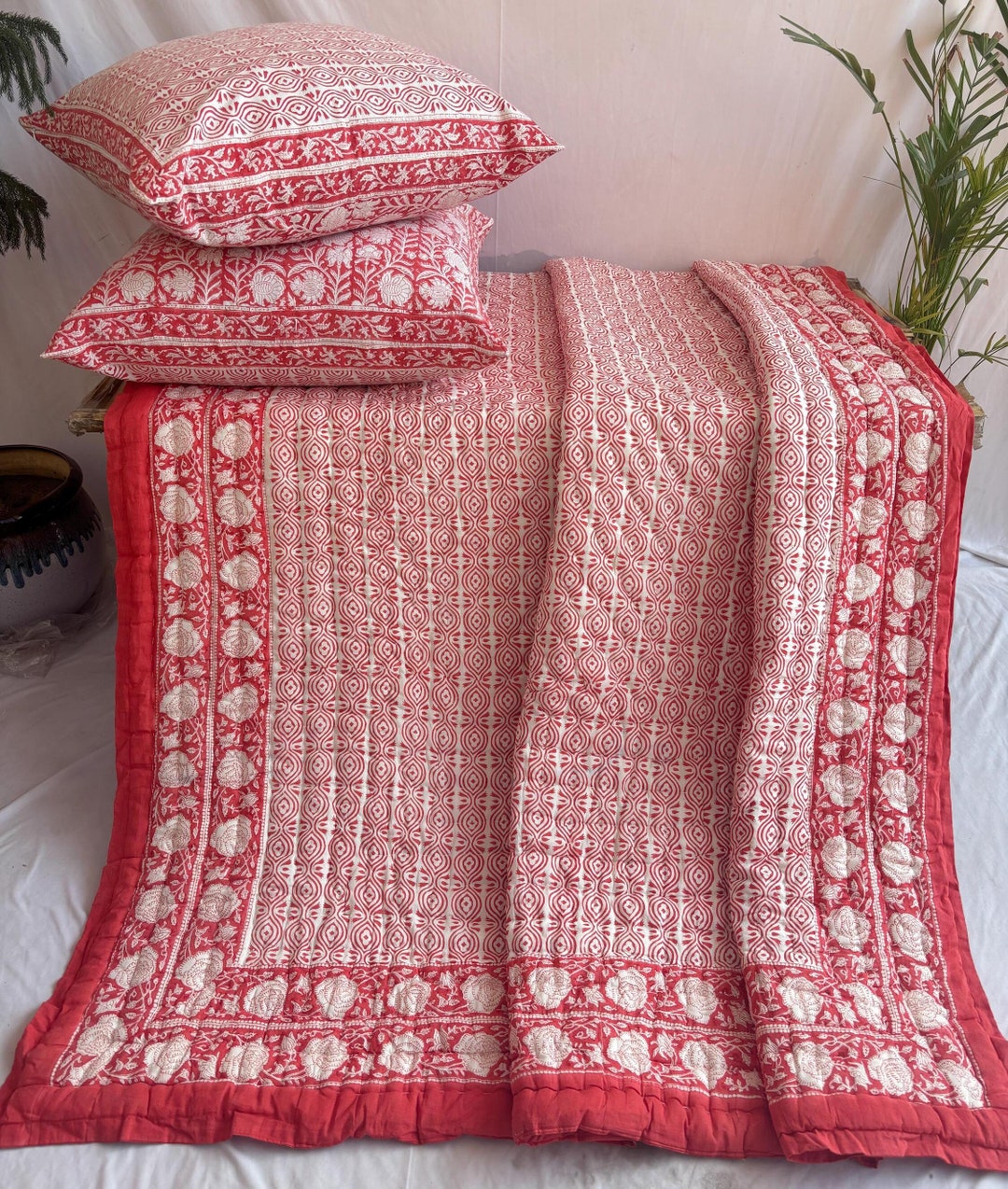 Indian Red Floral Cotton Quilt, Hand Block Printed Quilt, Light Weight ...