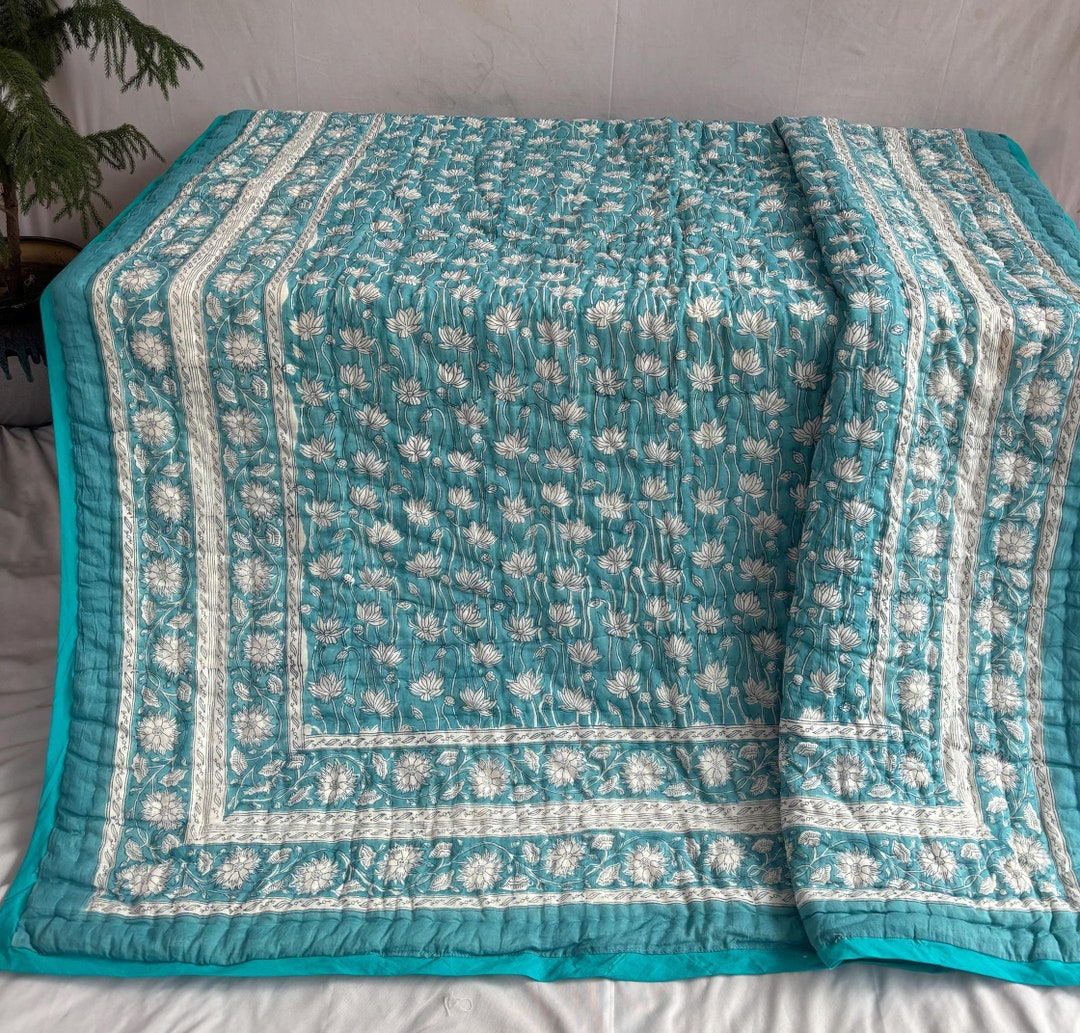 Hand Block Print Quilted Throw, Cotton Quilt Blanket, Warm Quilt ...