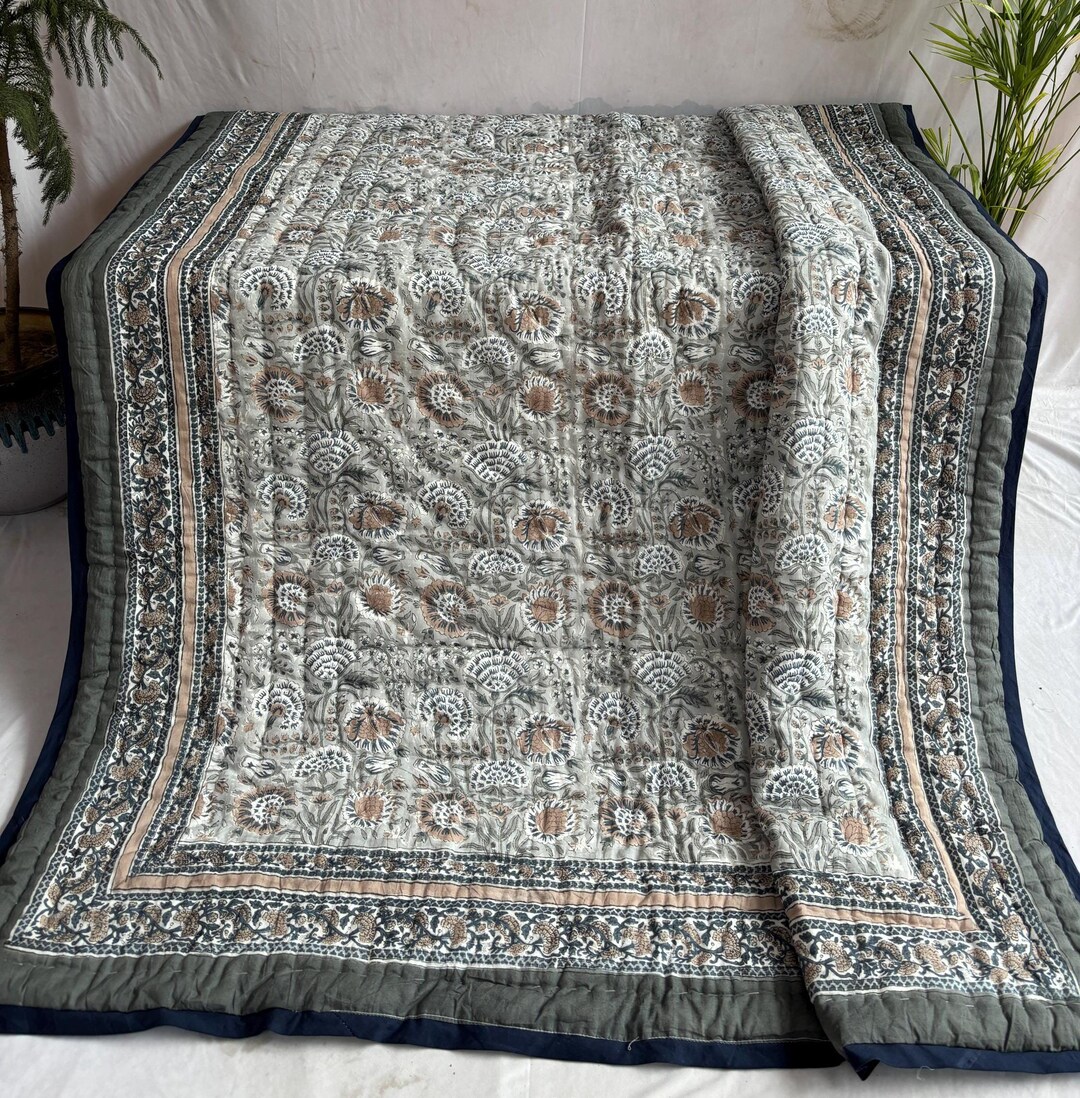 Hand Block Printed Quilt, Vintage Style, Jaipuri Rajai, Floral Bedding ...