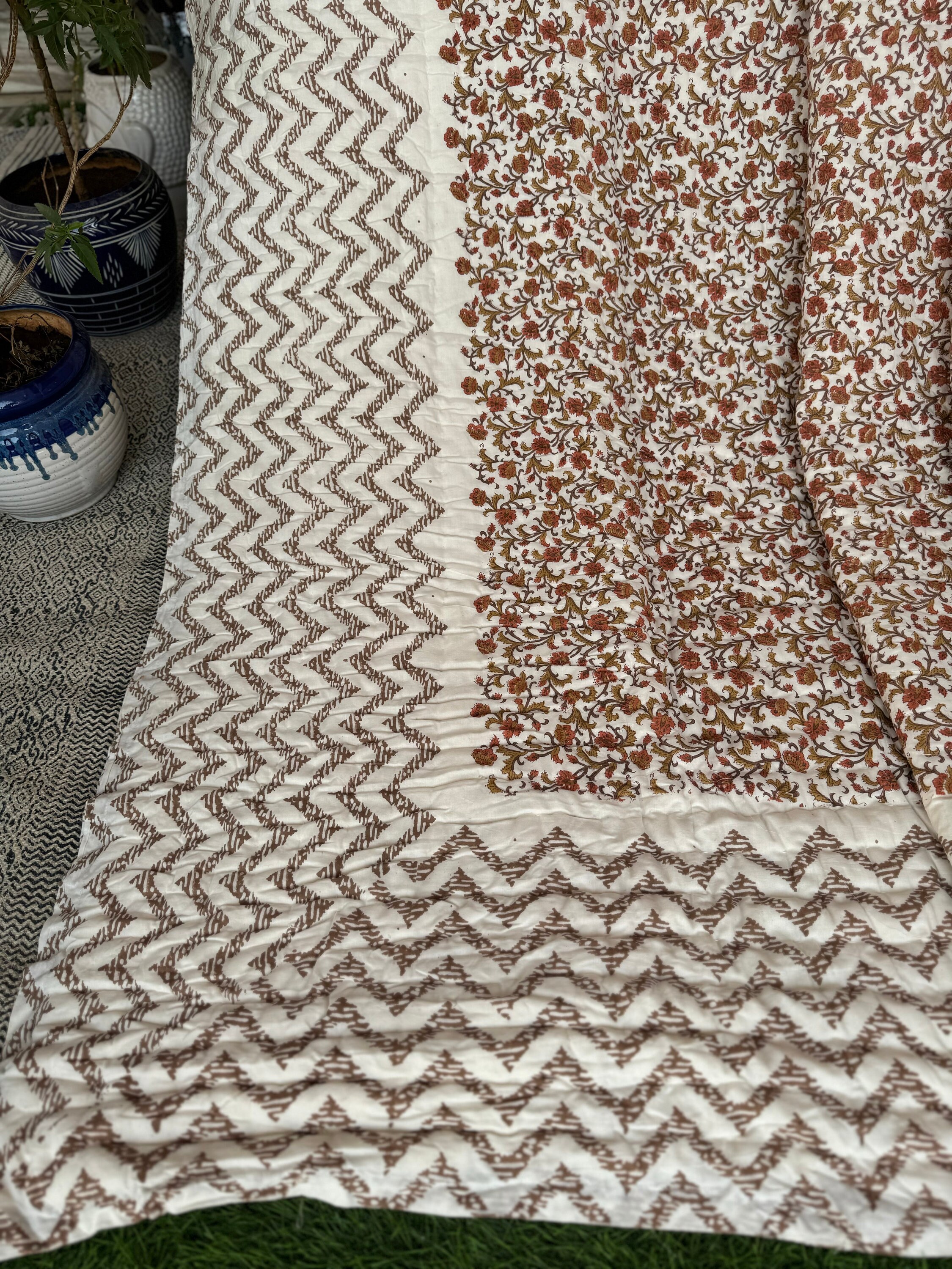 Jaipuri Handblock Printed Quilt, Floral Cotton Rajai, Indian Kantha ...