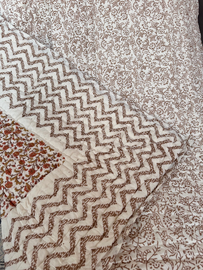 Jaipuri Handblock Printed Quilt, Floral Cotton Rajai, Indian Kantha ...