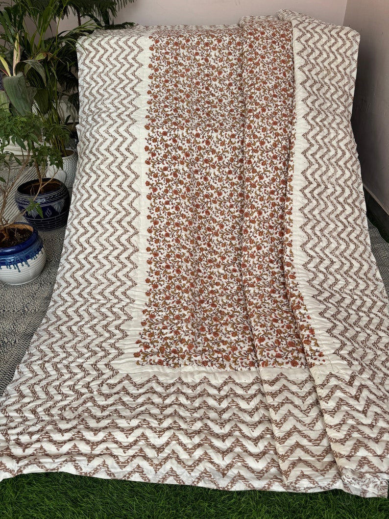 Jaipuri Handblock Printed Quilt, Floral Cotton Rajai, Indian Kantha ...
