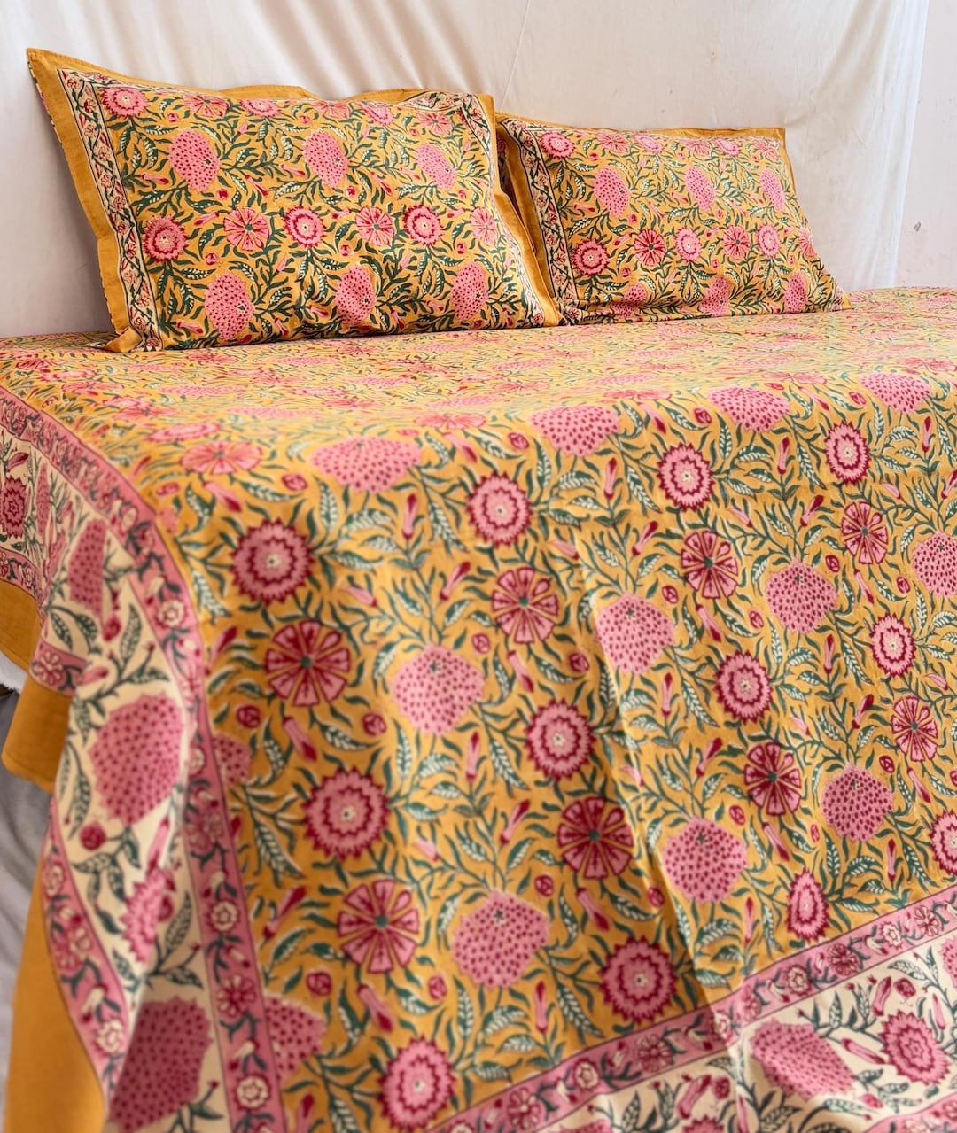 Hand Block Printed Queen Bedspread: Jaipuri Floral Cotton Bedsheet Set ...