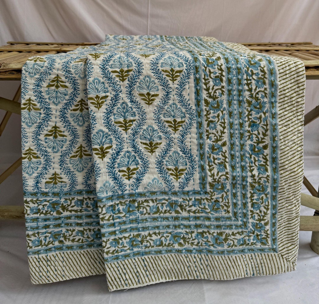 Handblock Print Cotton Bedspread, Indian Kantha Quilt Neutral Colour ...