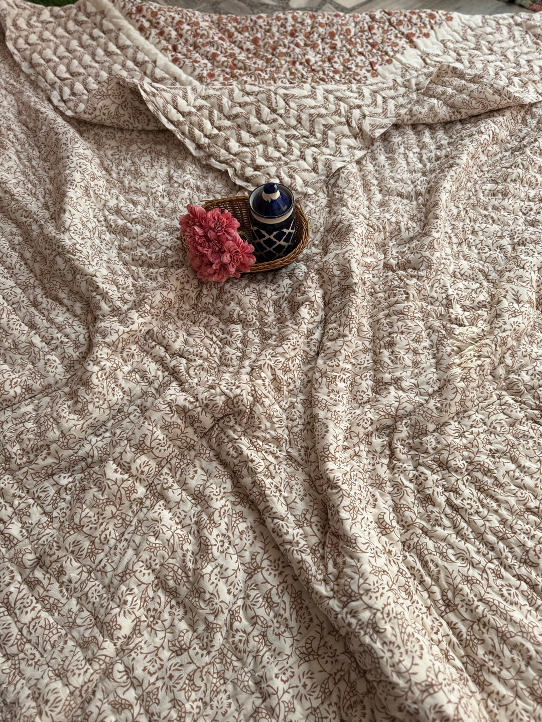 Jaipuri Handblock Printed Quilt, Floral Cotton Rajai, Indian Kantha ...