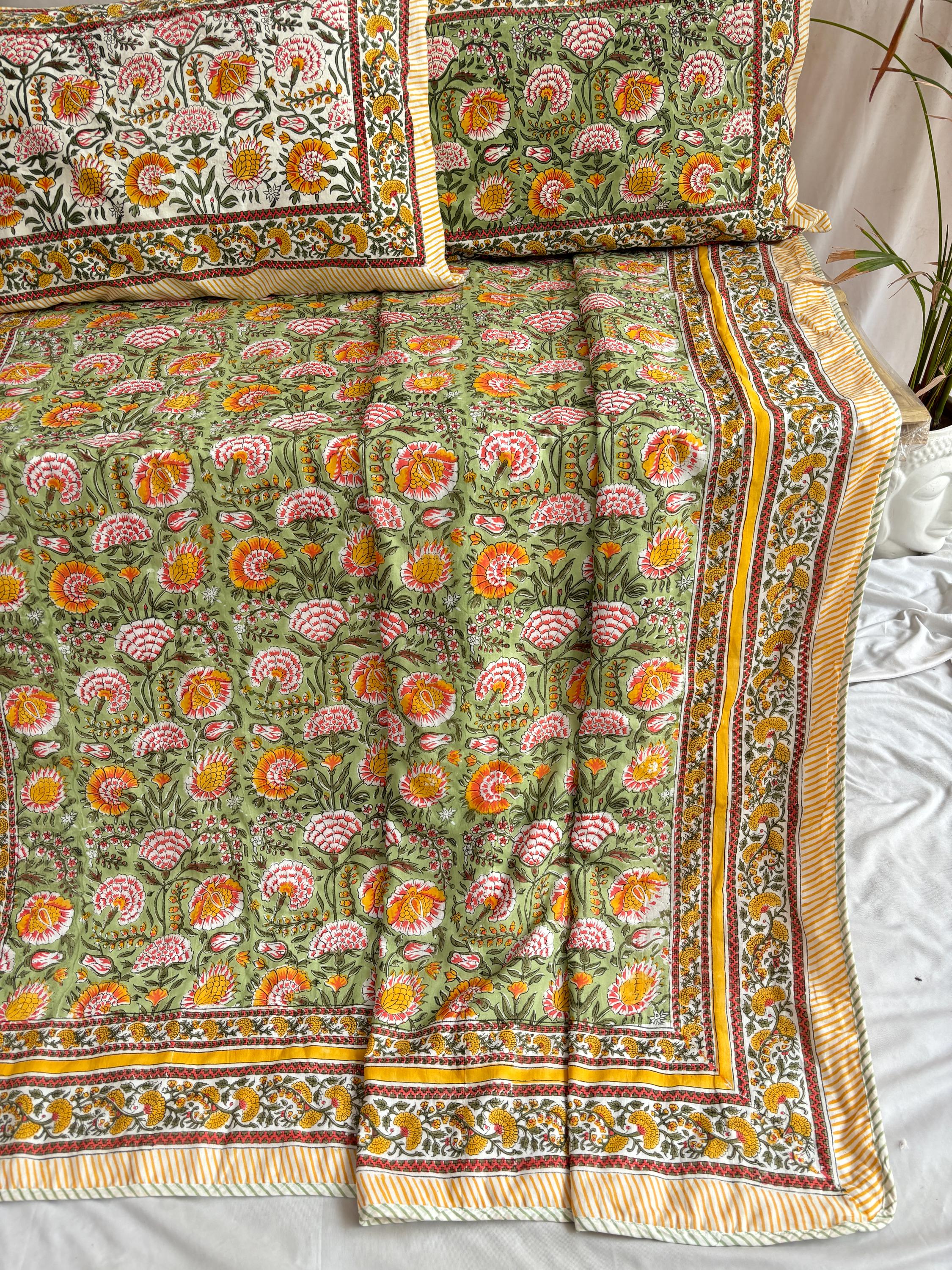 Block Printed Cotton Dohar Bedding Set: Reversible Sage Green Floral ...