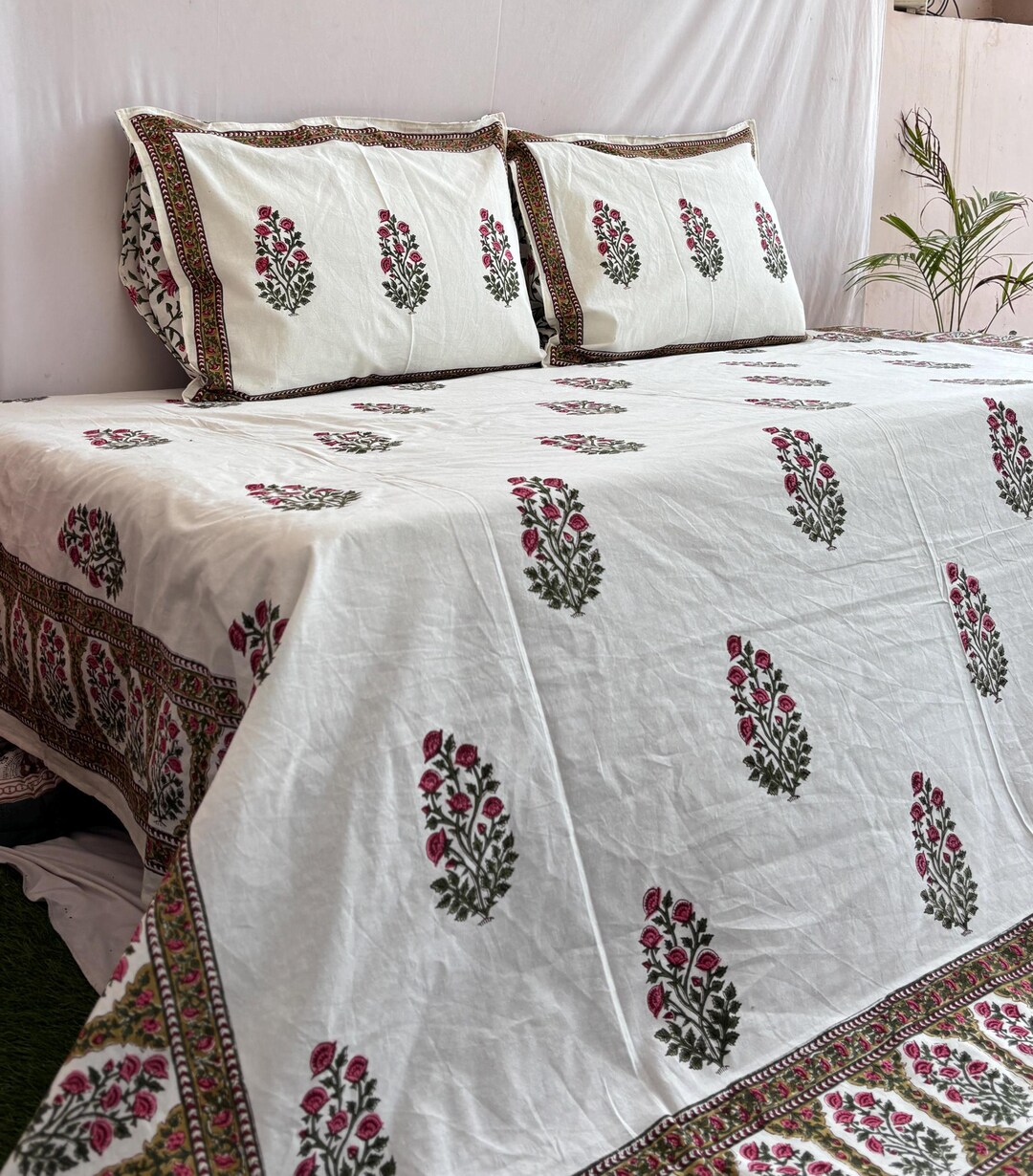 Hand Block Printed Bedsheets, Sage Pure Cotton Floral Bedspread, Luxury ...