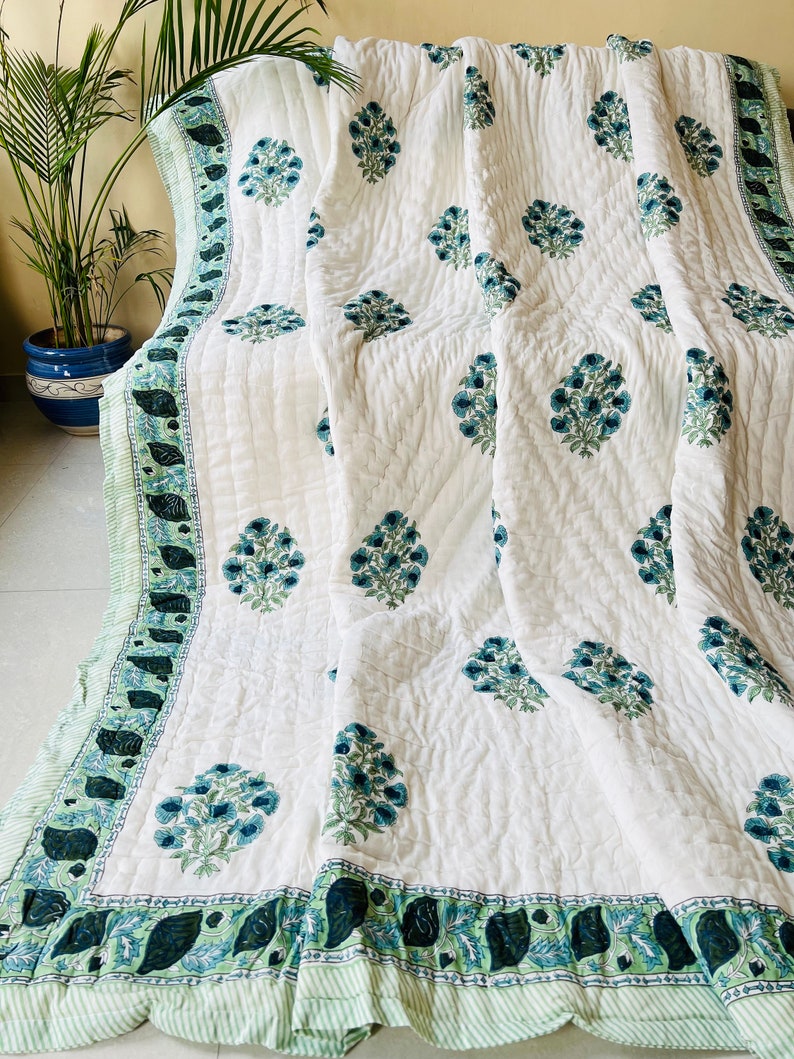 Indian Hand Block Print Quilt, Green Reversible Cotton Quilted Quilt ...