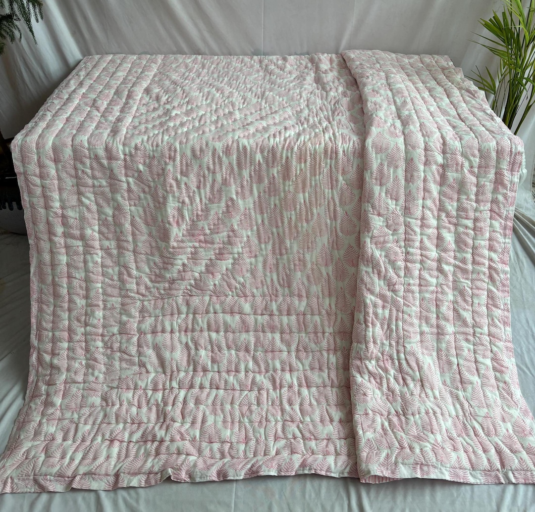 Hand Block Print Reversible Quilt, Soft Cotton Bedding Coverlet, Floral ...