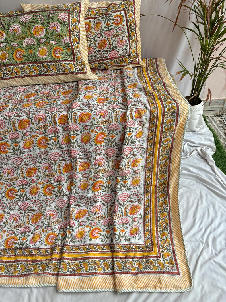 Block Printed Cotton Dohar Bedding Set: Reversible Sage Green Floral ...