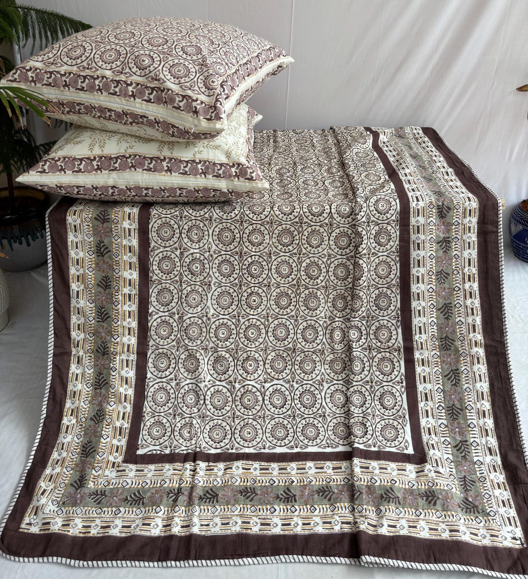 Floral Block Print Cotton Dohar Quilt: Reversible Indian Bedding Throw ...