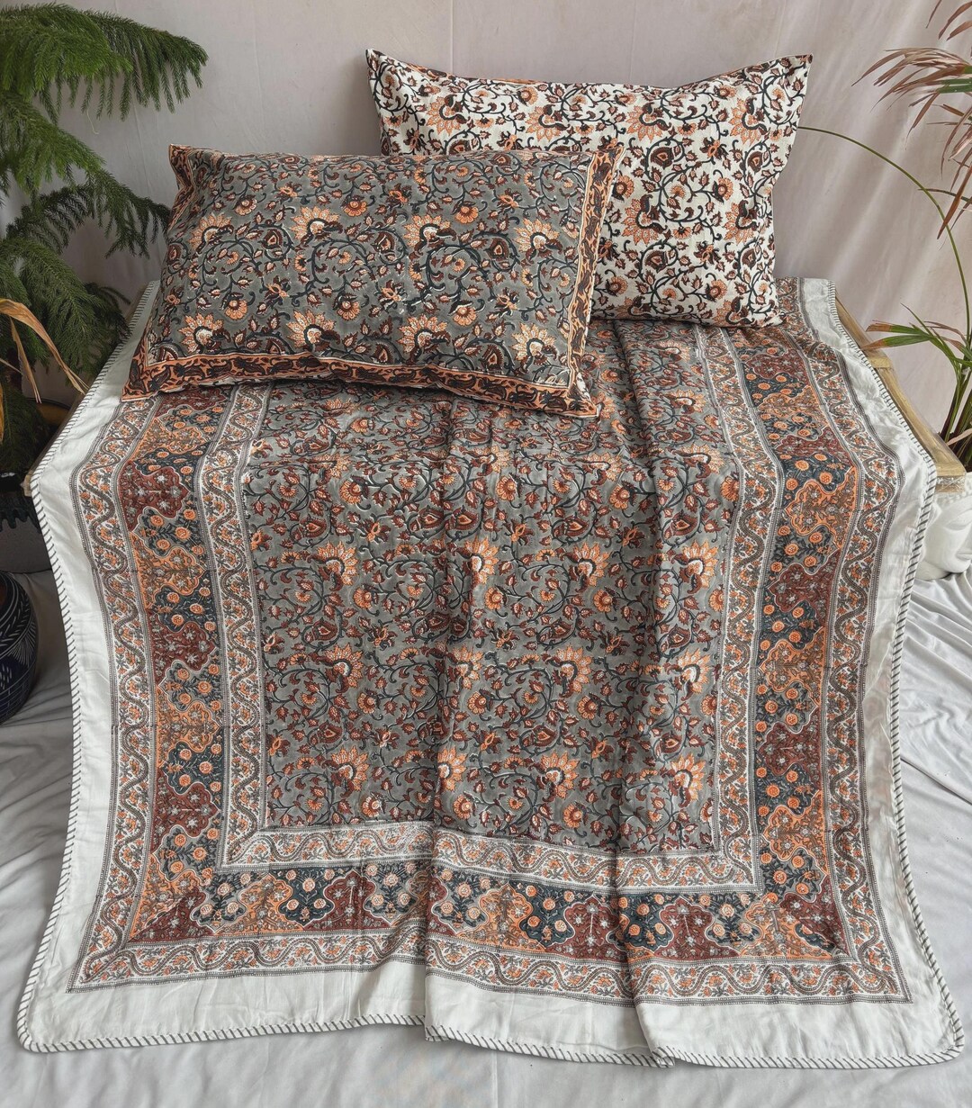 Hand Block Printed Cotton Dohar Quilt: Reversible Floral King Size ...