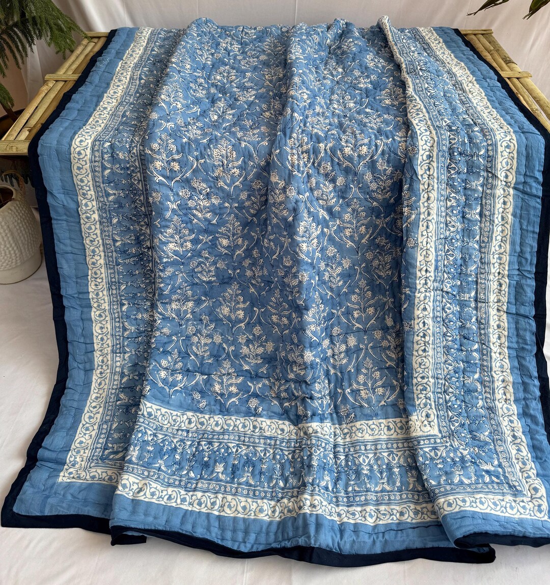 Hand Block Printed Cotton Quilt, Indian Kantha Quilt, Floral Boho Gift ...