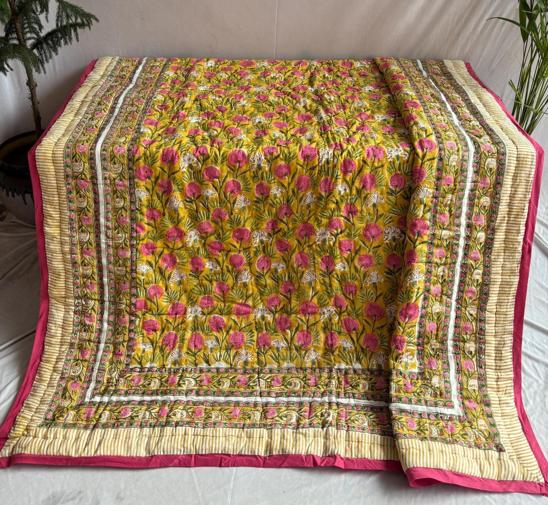 Hand Block Printed Quilted Throw Blanket, Indian Craftsmanship Quilt ...