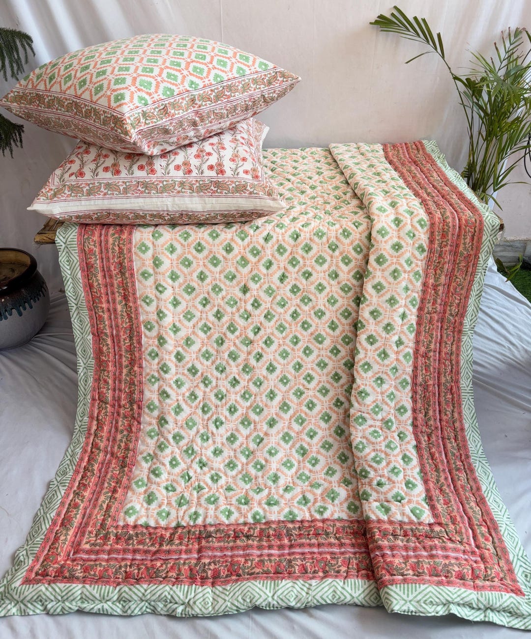 Handmade Block Print King Size Cotton Quilt, Reversible Floral ...