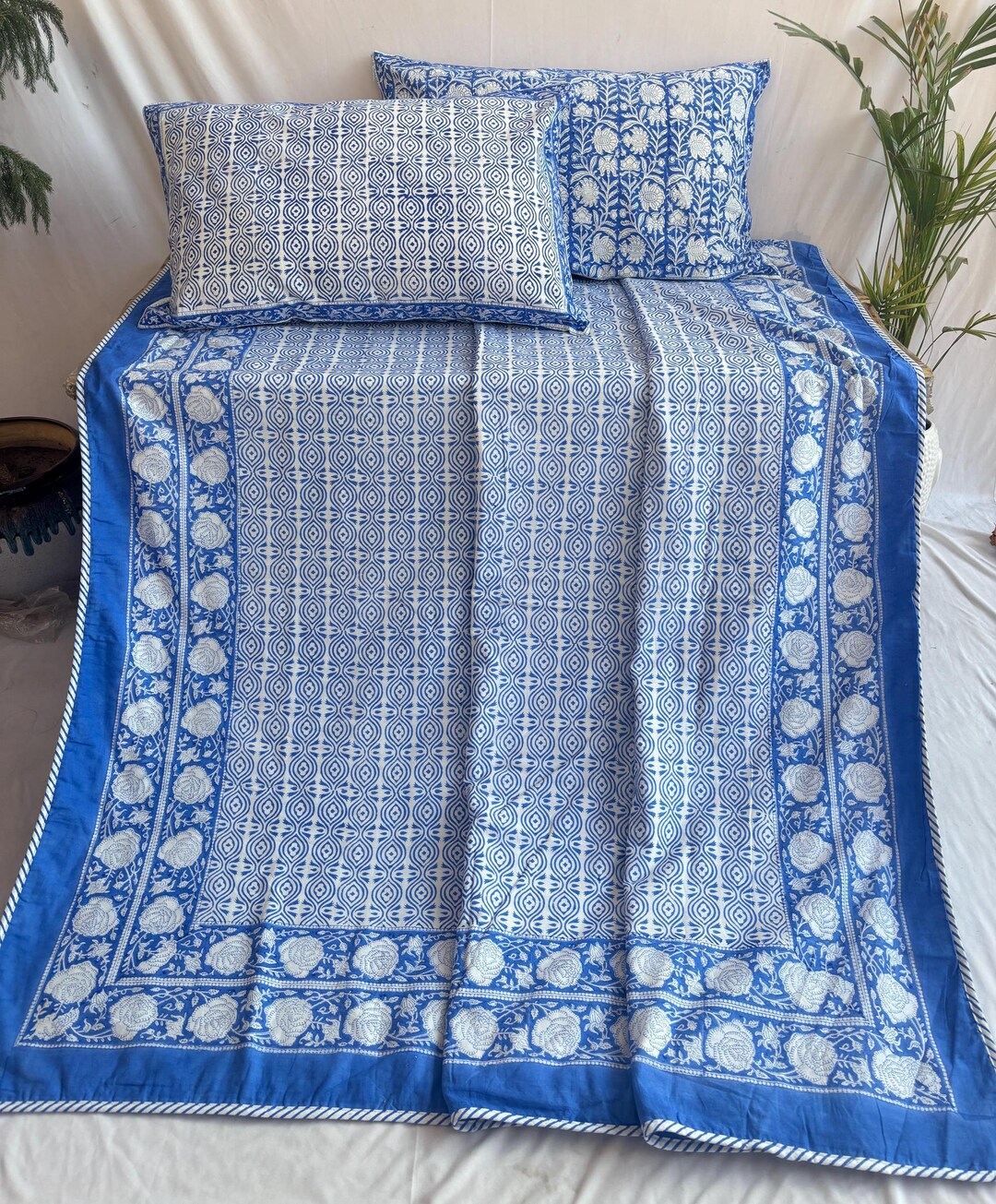Hand Block Printed Queen Quilt: Blue Floral Cotton Bedspread - Etsy