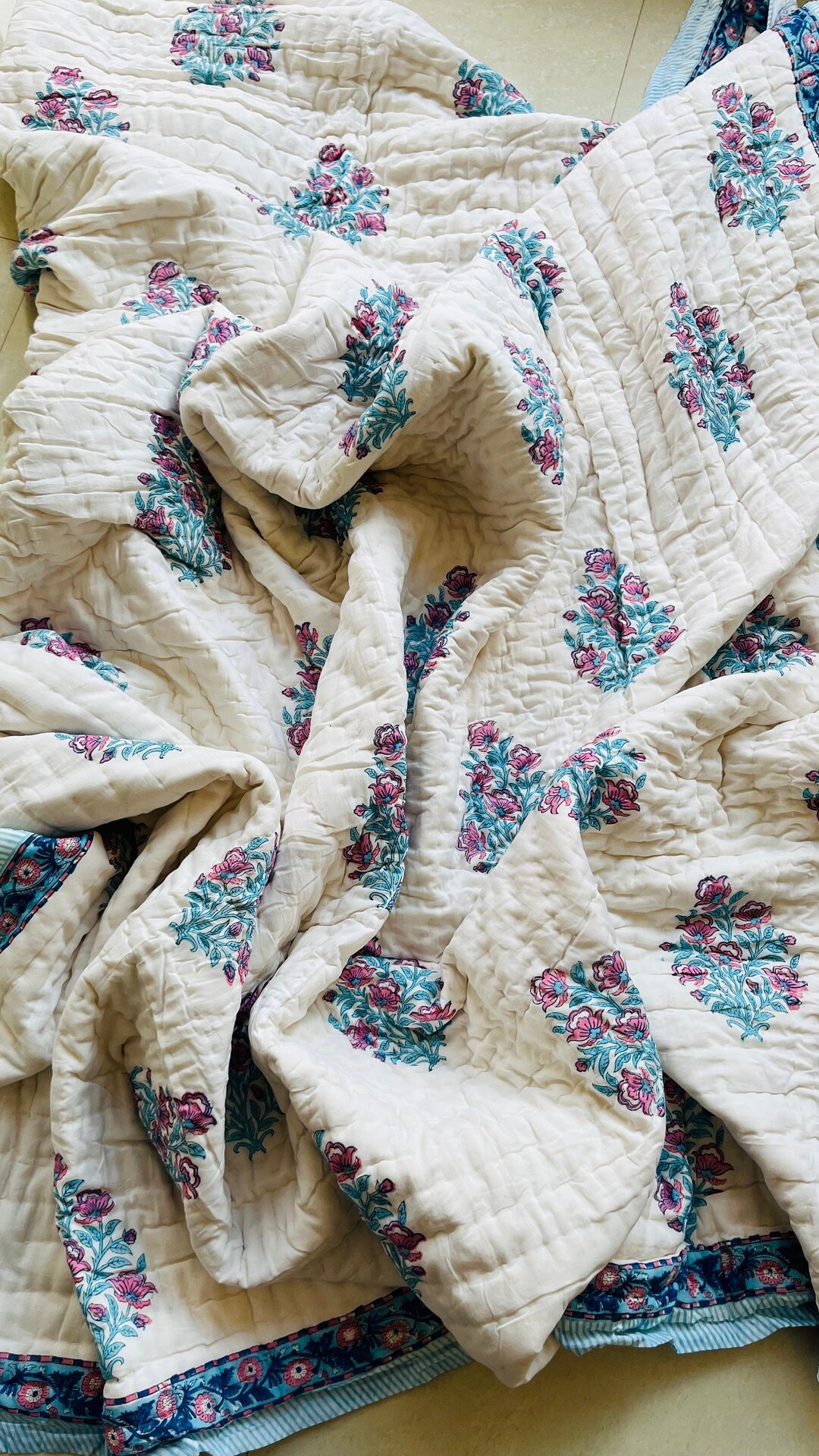 Reversible Hand Block Print Quilt, Floral Cotton Jaipuri Rajai ...