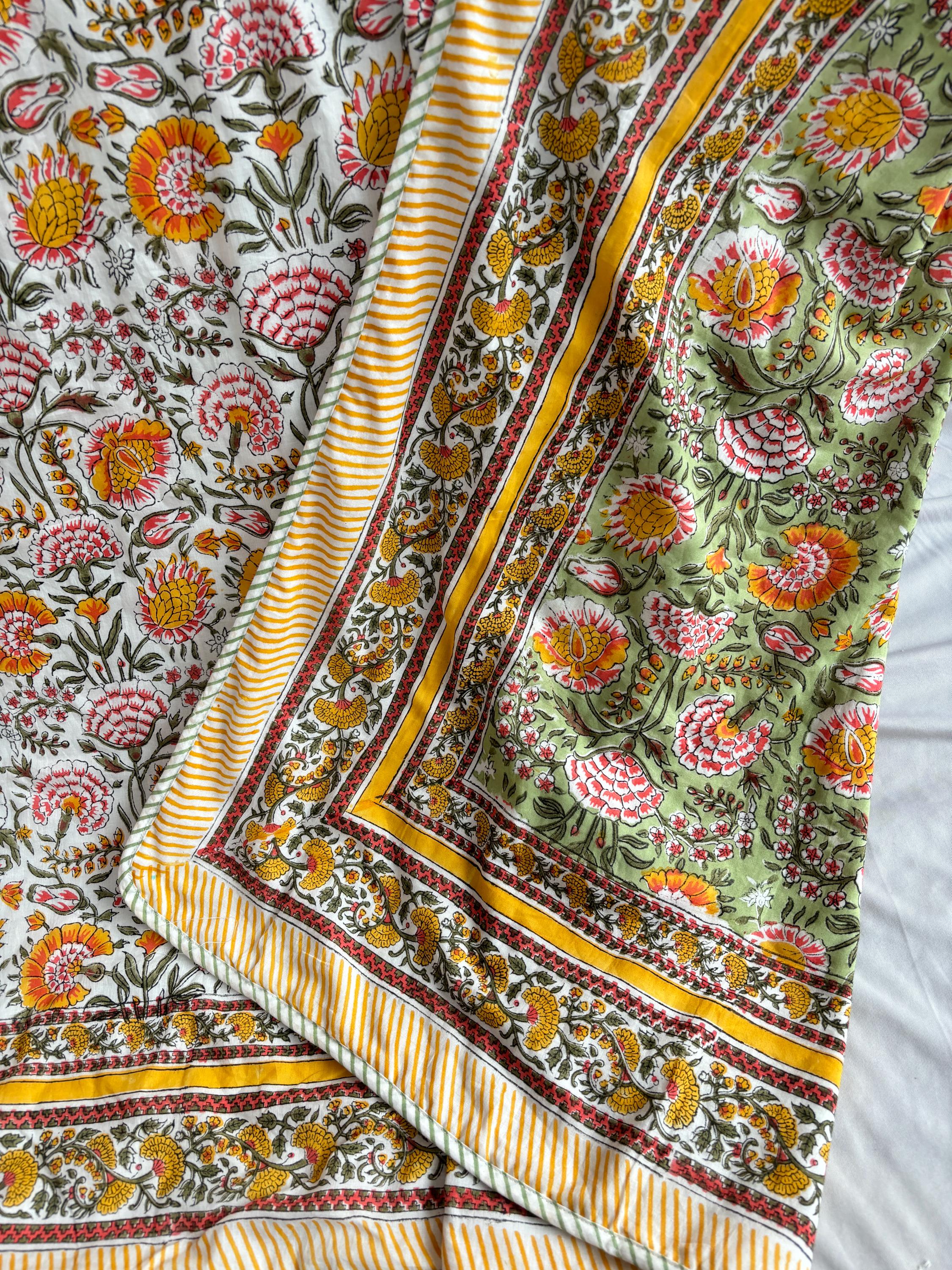 Block Printed Cotton Dohar Bedding Set: Reversible Sage Green Floral ...