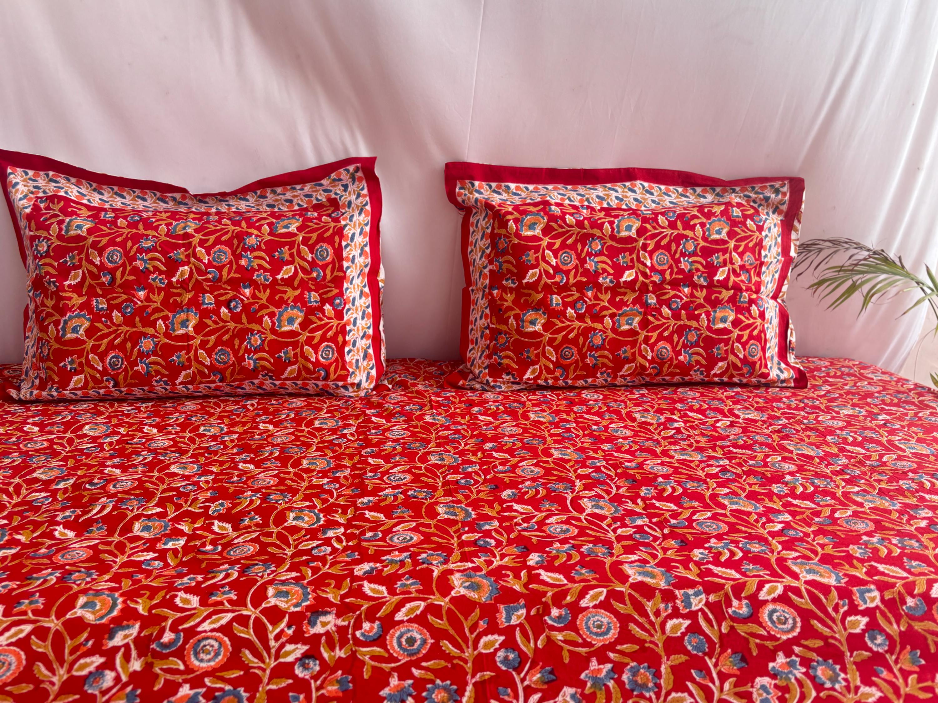 Hand Block Printed Queen Bedspread: Floral Cotton Bedding Set - Etsy