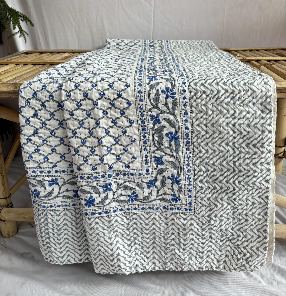 Traditional Indian Block Printed Kantha Quilt, Artisan Crafted Queen ...