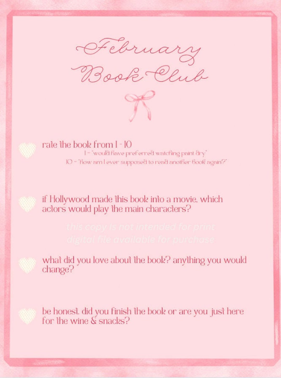 Valentine's Day Book Club/february Book Club- Coquette, Girly Design - Etsy