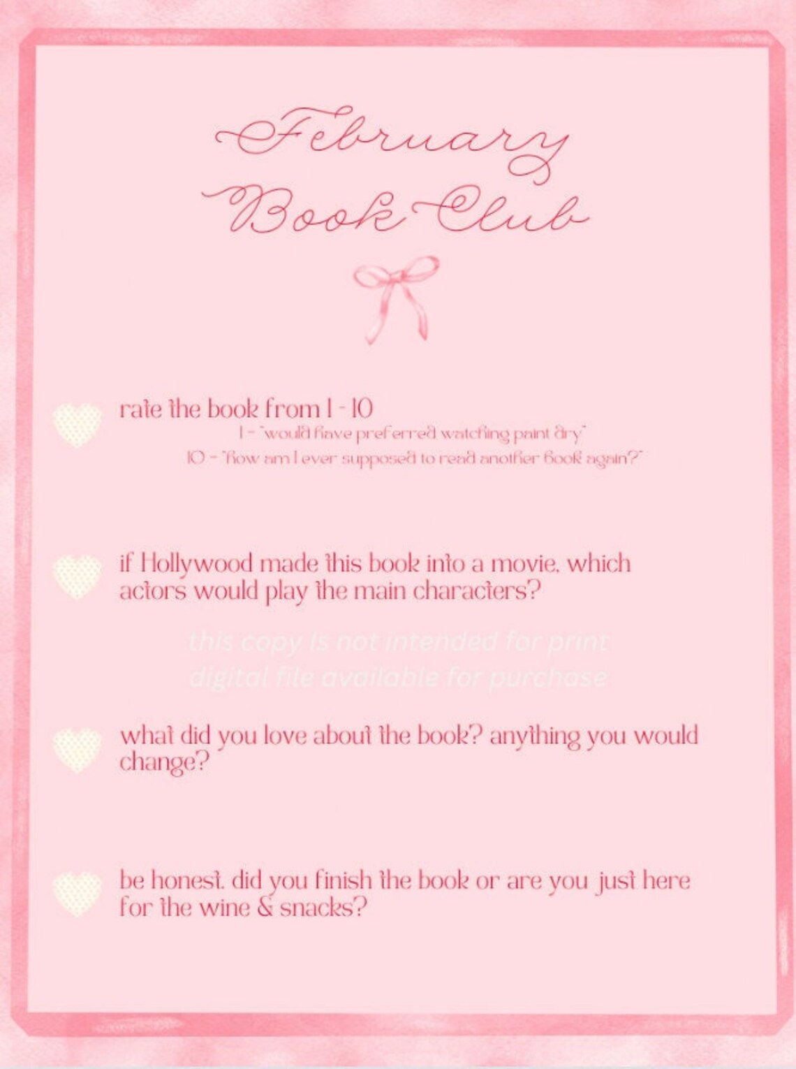 Valentine's Day Book Club/february Book Club- Coquette, Girly Design - Etsy