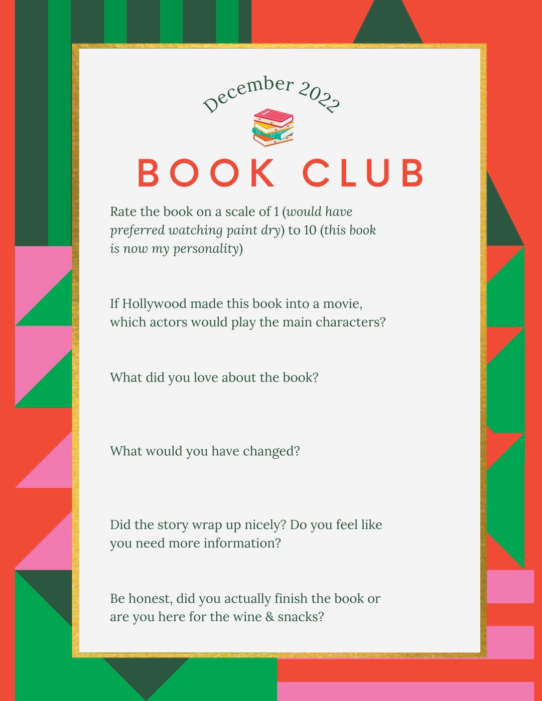 December Book Club Discussion Questions- Holiday Color Themed - DIGITAL ...