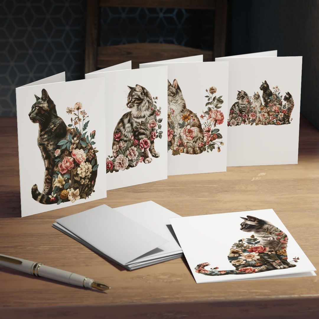 Floral Cat Greeting Card Set for Cat Lovers Watercolor Cards, Cards ...