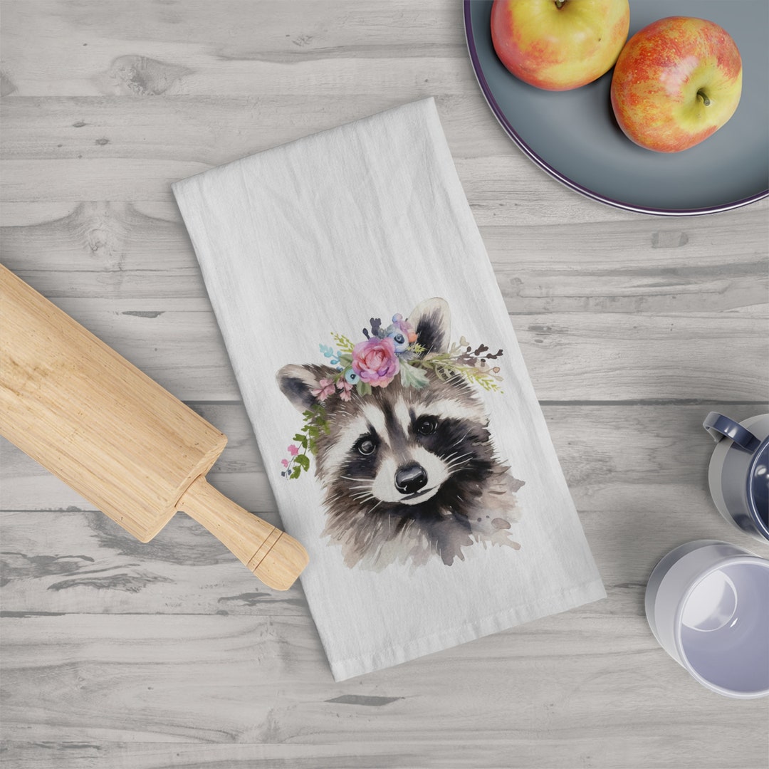 Watercolor Woodland Animals Tea Towel, Floral Raccoon Kitchen Towels ...