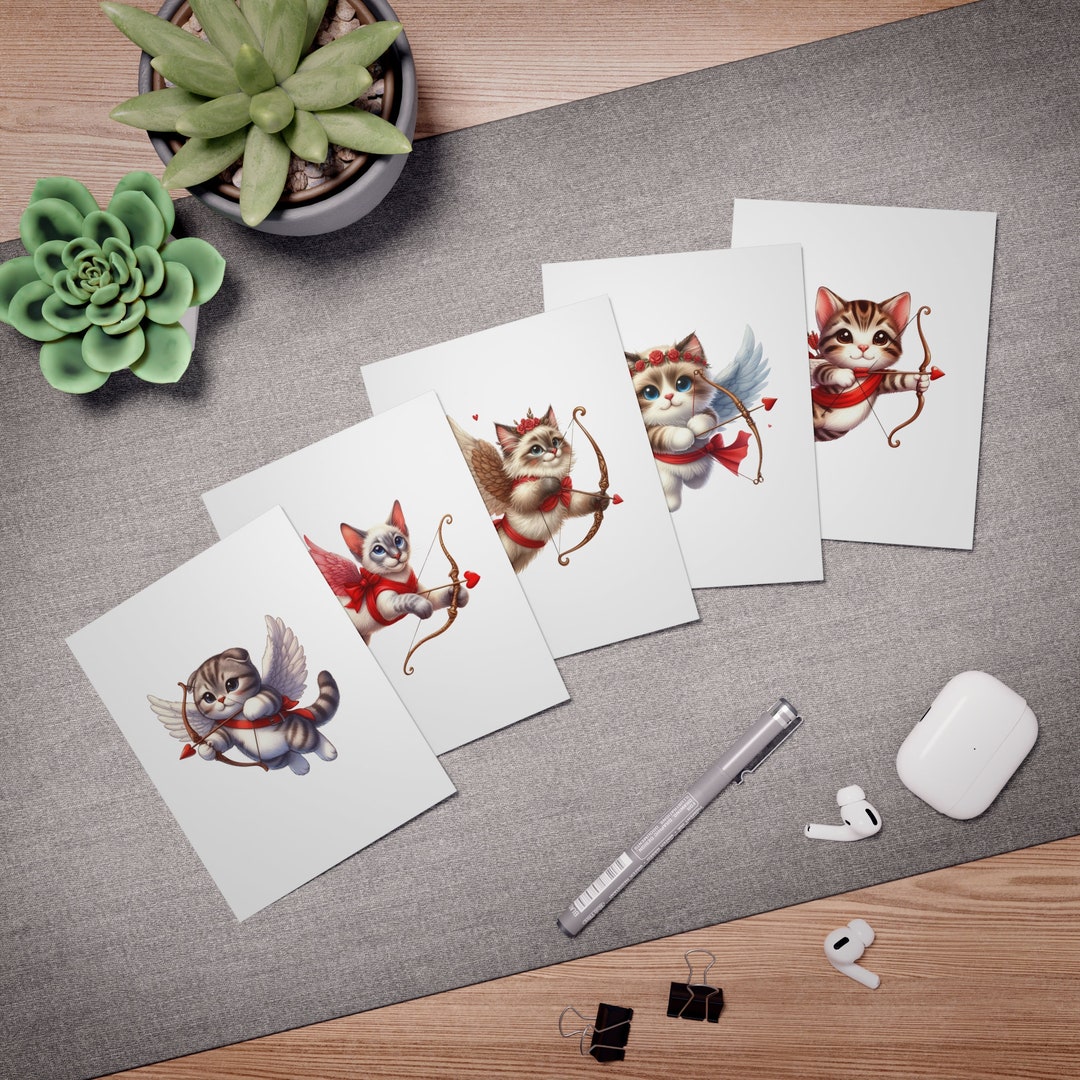 Cat Valentine Greeting Card Set for Cat Lovers, Cute Cat Valentine ...