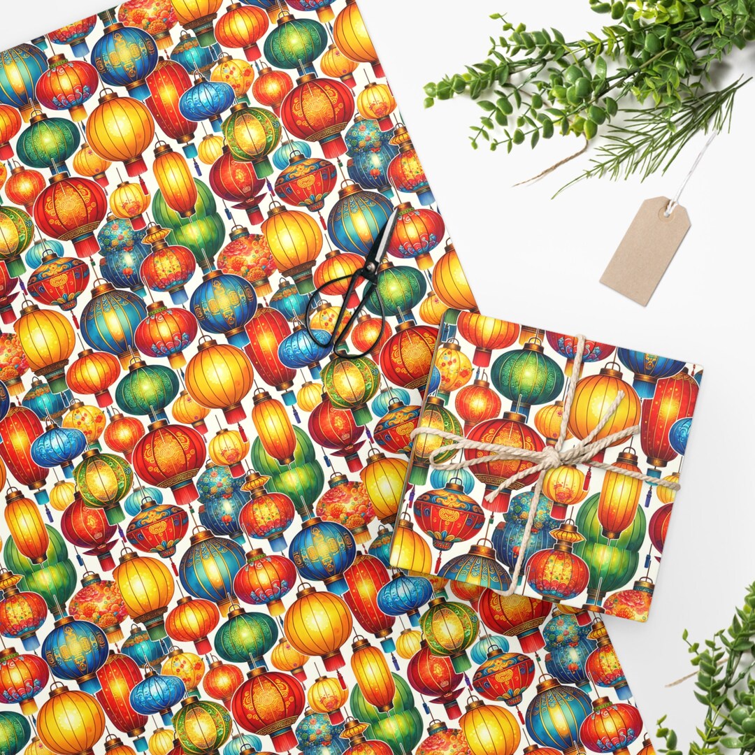Chinese New Year Wrapping Paper, Red Lanterns Gift Wrap, Colorful Happy ...