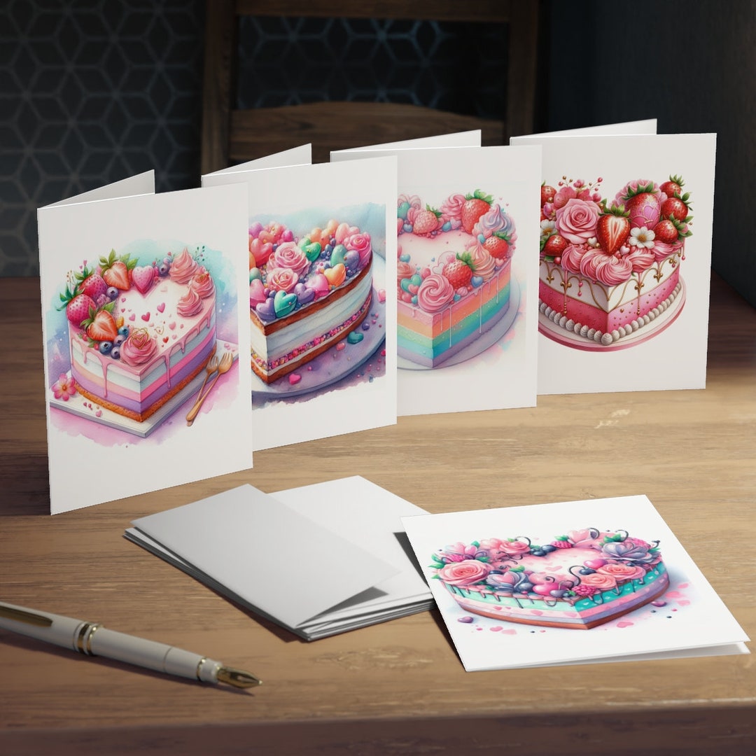 Heart Shaped Birthday Cake Greeting Card Set, Watercolor Birthday Cards ...