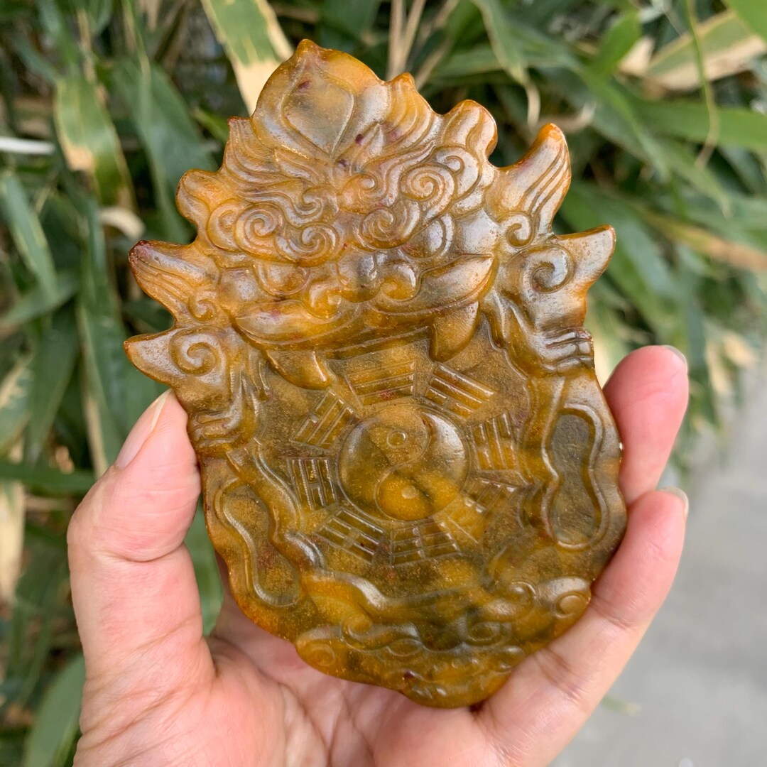 Natural Hand Carved Jade Bagua Dragon Disc Tusked Beast Home Decor ...