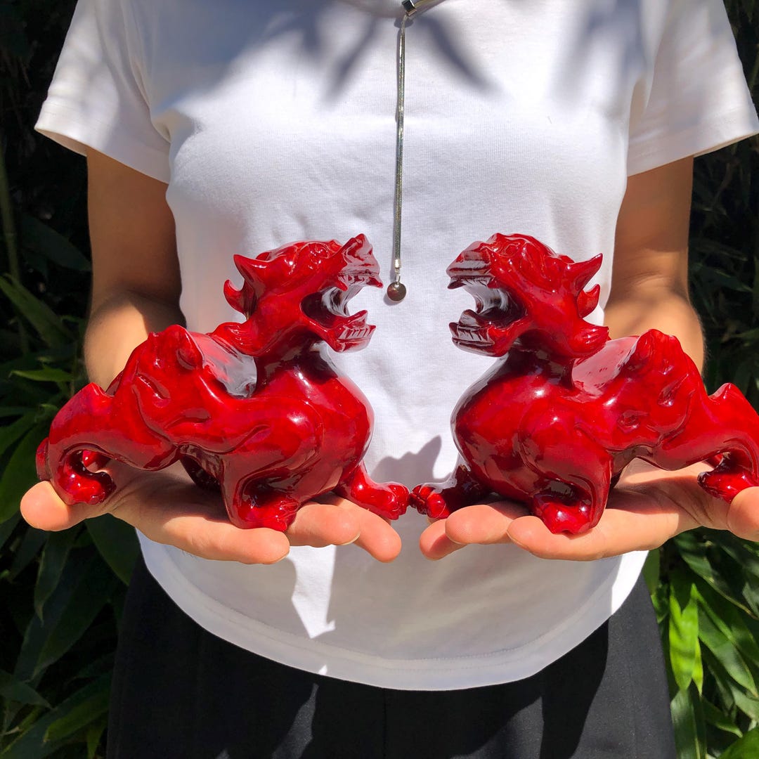 Pair of Red Jade Feng Shui Pi Yao/pi Xiu Statue for Wealth Good Luck ...