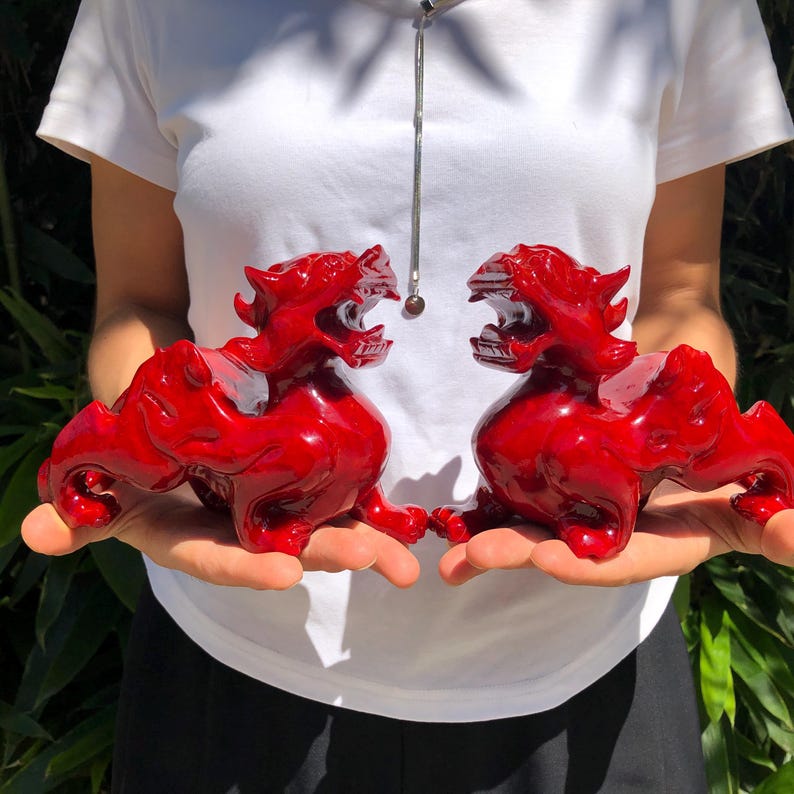 Pair of Red Jade Feng Shui Pi Yao/pi Xiu Statue for Wealth Good Luck ...