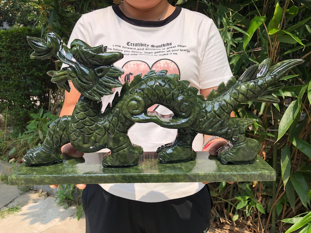 BIG Green Jade Dragon Sculpture Crystal Loong Statue,good Luck Ornament ...